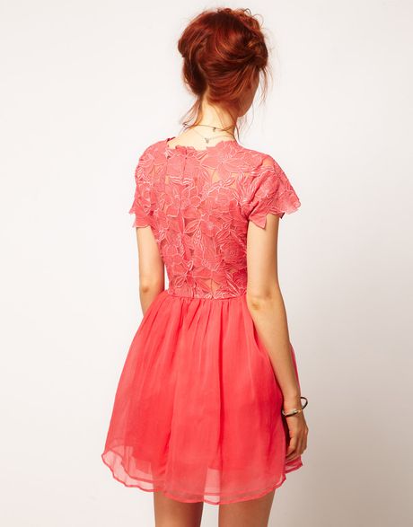 Asos Asos Salon Skater Dress With Applique Flower Top In Pink Lyst