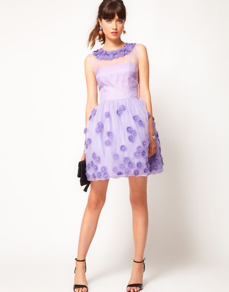 Asos Collection Asos Silk Skater Dress In Floral Applique In Purple Lyst