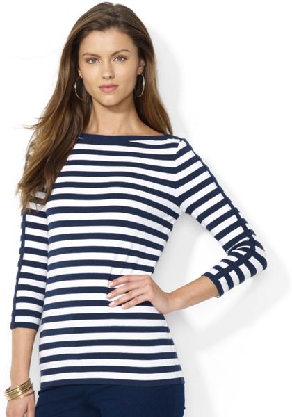 Lauren By Ralph Lauren Striped Boat Neck Top In Blue White Capri Navy