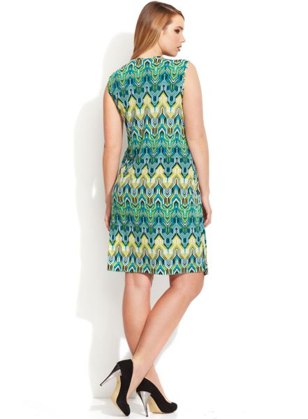 Calvin Klein Plus Size Sleeveless Printed Fauxwrap Dress In Green