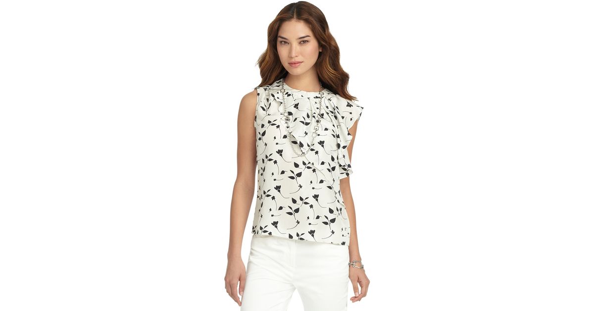 Brooks Brothers Silk Floral Print Ruffle Blouse In White Lyst