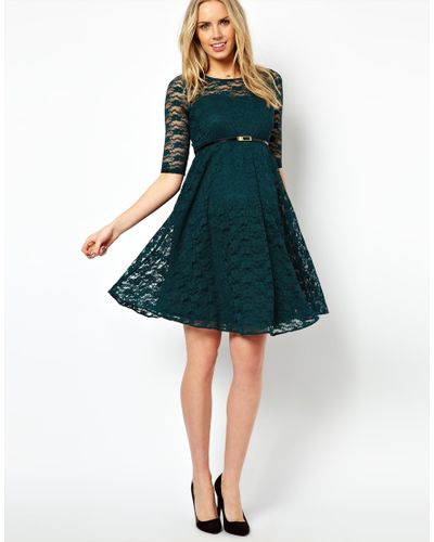Lyst Asos Lace Skater Dress With Belt In Green