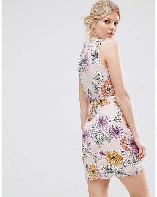 Asos Mini Dress With High Neck In Floral in Pink | Lyst