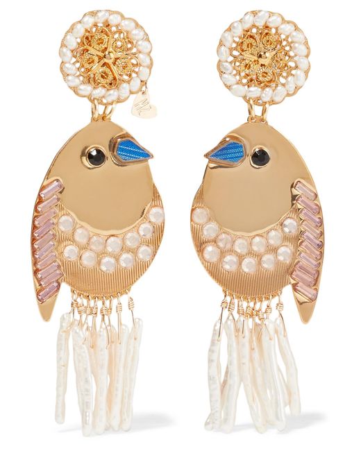 Lyst - Mercedes Salazar Bird Gold-tone, Faux Pearl And Crystal Clip ...