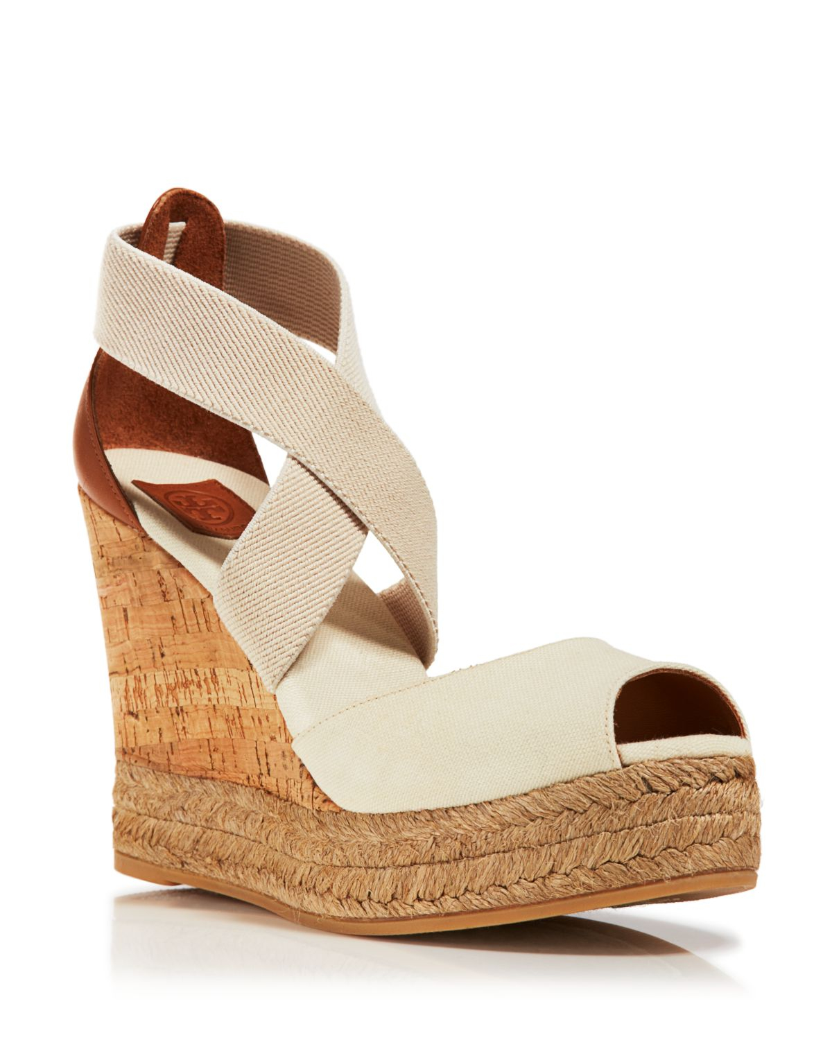 Lyst - Tory Burch Peep Toe Canvas Platform Sandals - Cork Wedge Heel in ...