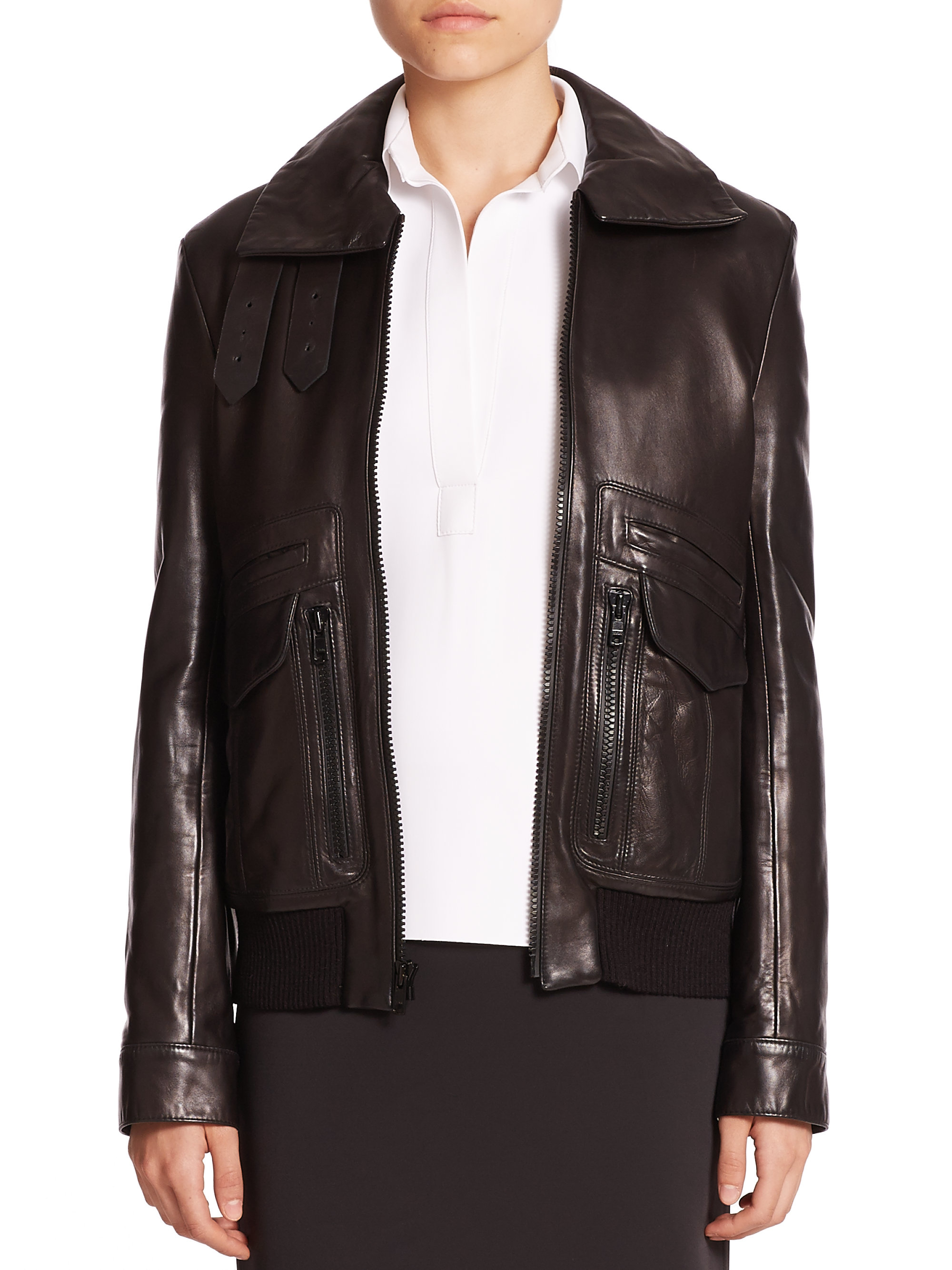 Helmut lang Leather Bomber Jacket in Black | Lyst