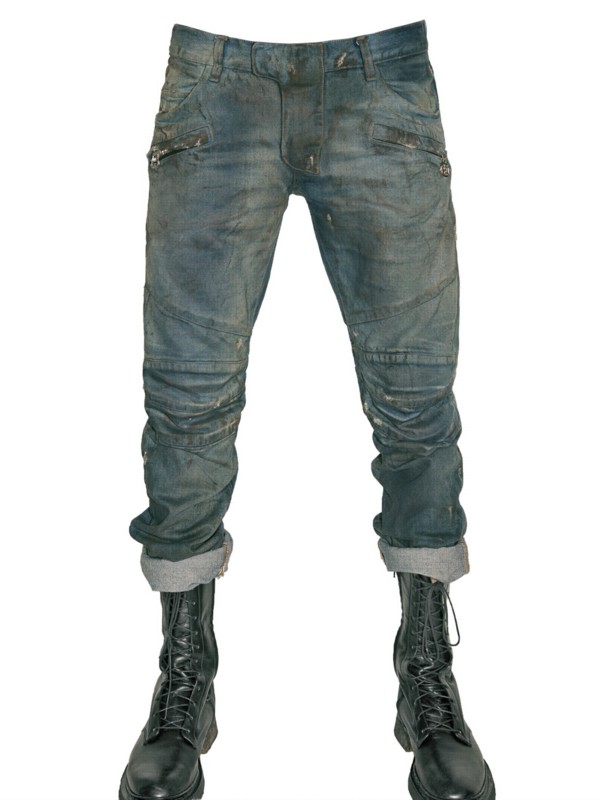 Balmain Dirty Denim Cropped Biker Jeans in Blue for Men | Lyst