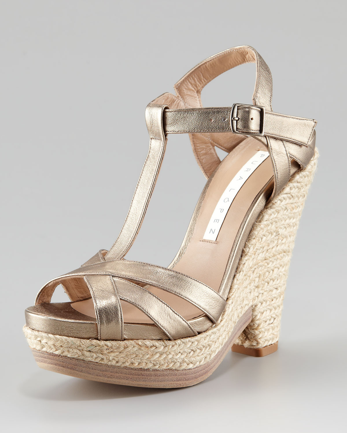 Pura Lopez T-Strap Jute Wedge Sandal in Gold | Lyst