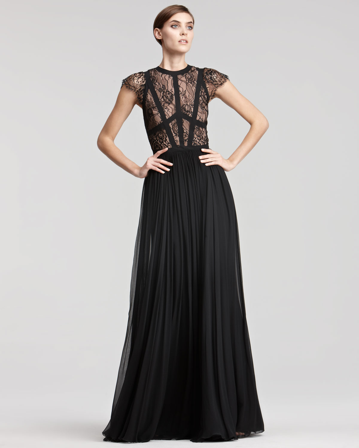 Lyst Elie Saab Capsleeve Lacebodice Gown In Black