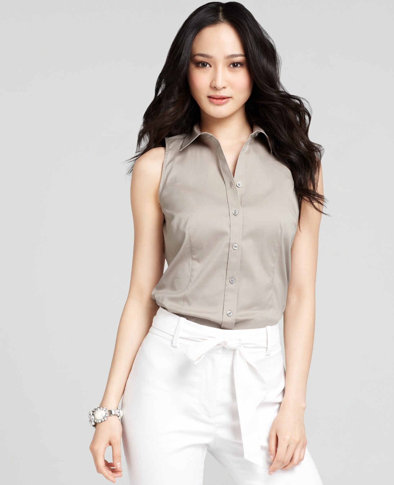 Ann Taylor Stretch Cotton Sleeveless Button Down Shirt In Beige