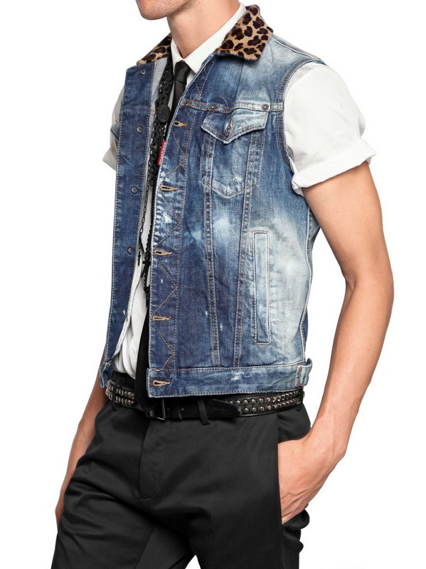 Lyst - DSquared² Leopard Print Collar Stretch Denim Vest in Blue for Men