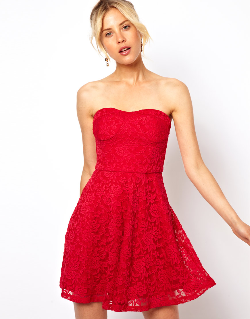 Lyst Asos Structured Lace Bandeau Skater Dress In Red