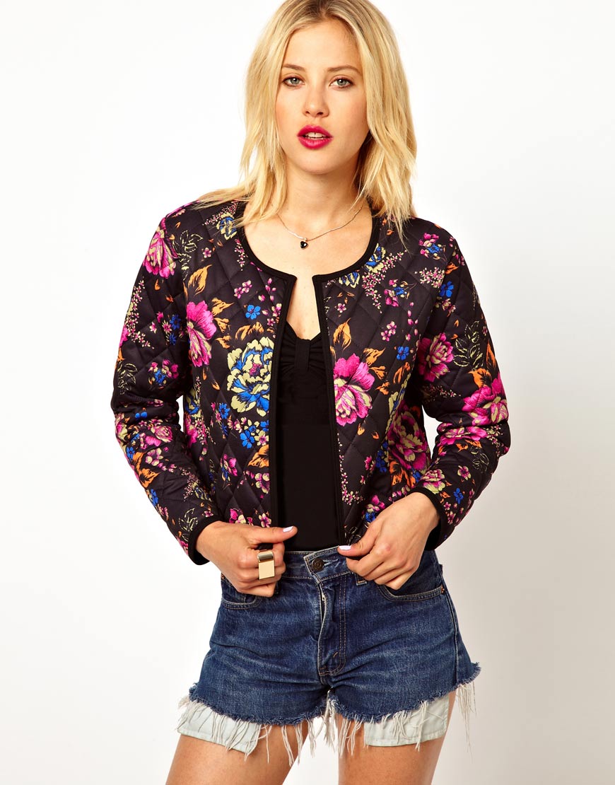 Asos Quilted Jacket With Floral Print In Black Lyst