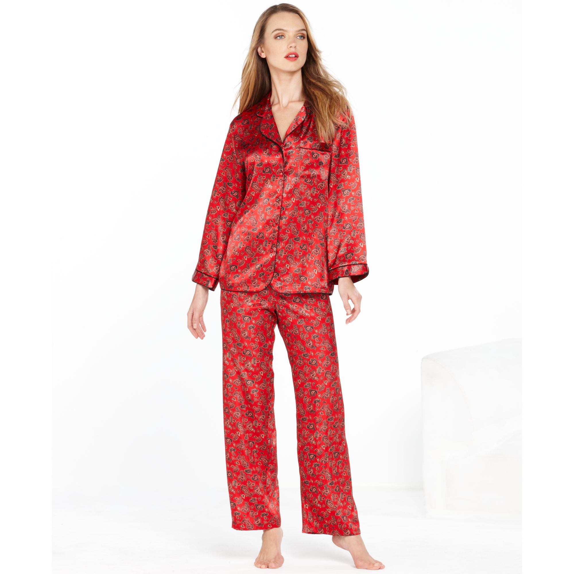 Jones New York Printed Satin Top and Pajama Pants Set in Red (Red ...