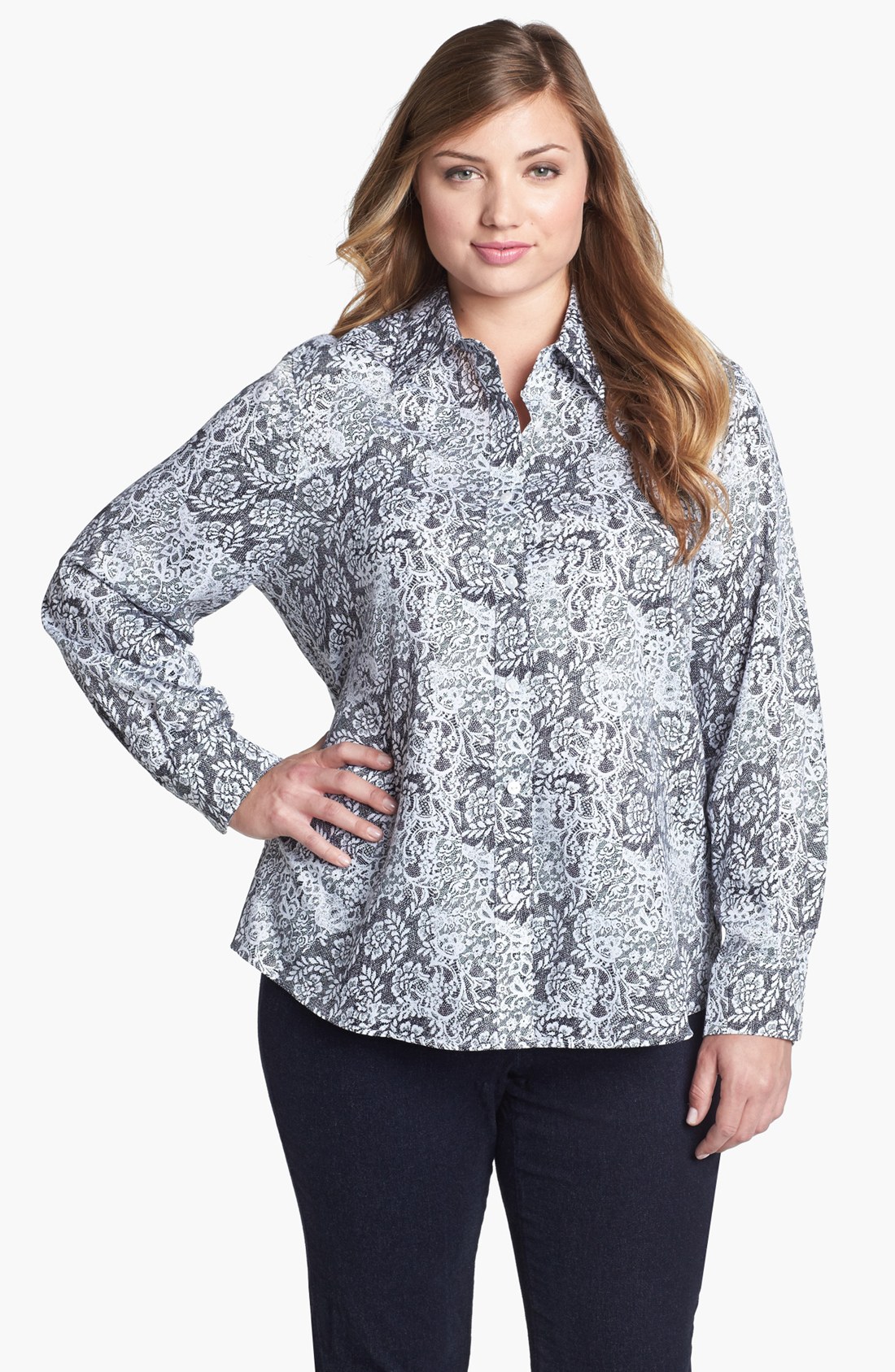 Foxcroft Shaped Lace Print Shirt in Black | Lyst