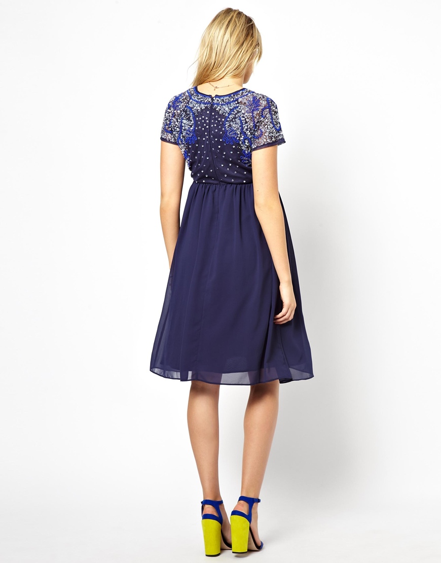 Lyst Asos Exclusive Embellished Midi Dress Navy In Blue