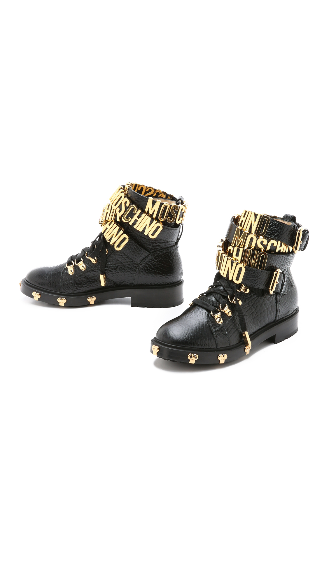 Lyst - Moschino Ankle-Strap Leather Combat Boots in Black