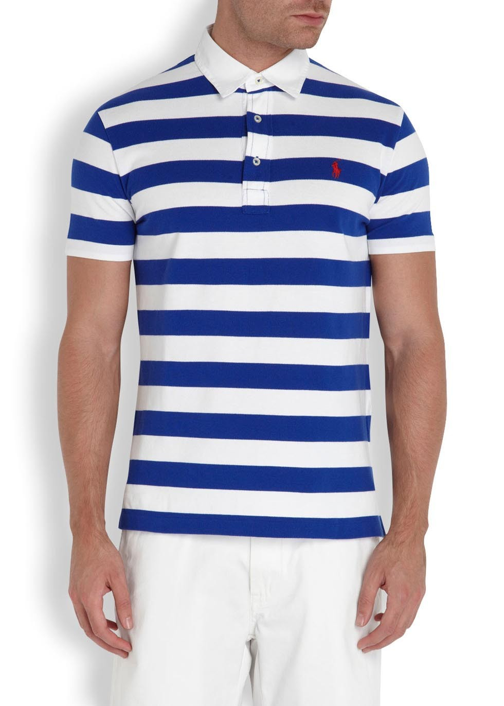 Polo Ralph Lauren Blue And White Striped Piqué Cotton Polo Shirt In