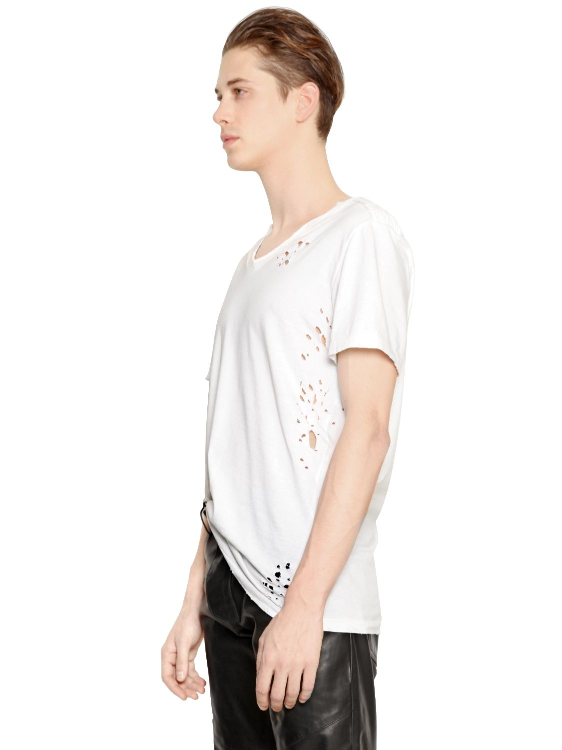 Lyst - Balmain V-neck Distressed Cotton Jersey T-shirt in White for Men