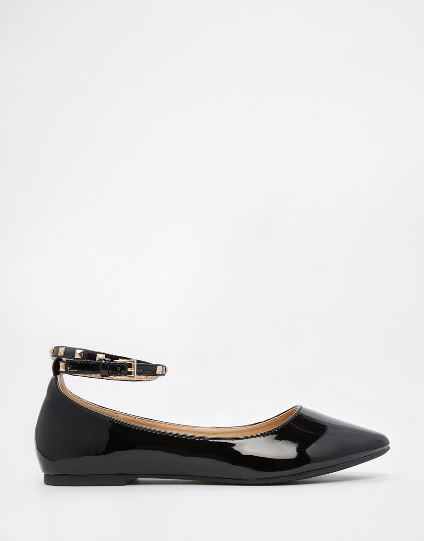 Daisy Street Black Studded Ankle Strap Ballet Flat Shoes in Black - Lyst
