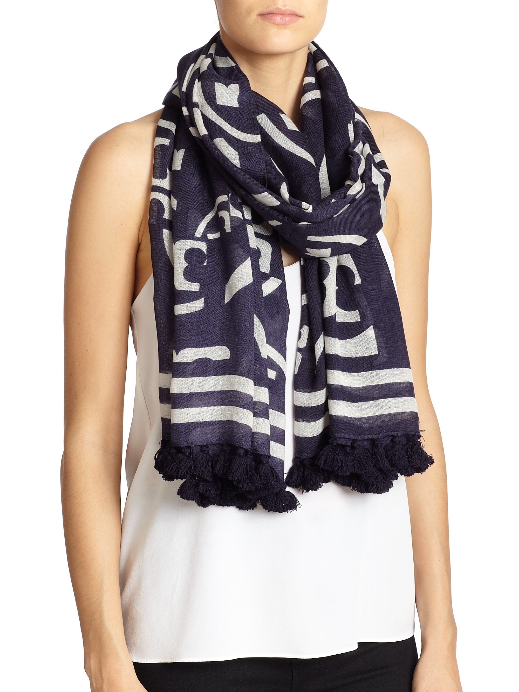 Lyst - Tory Burch Demi Wool Logo Tassel Scarf in Blue