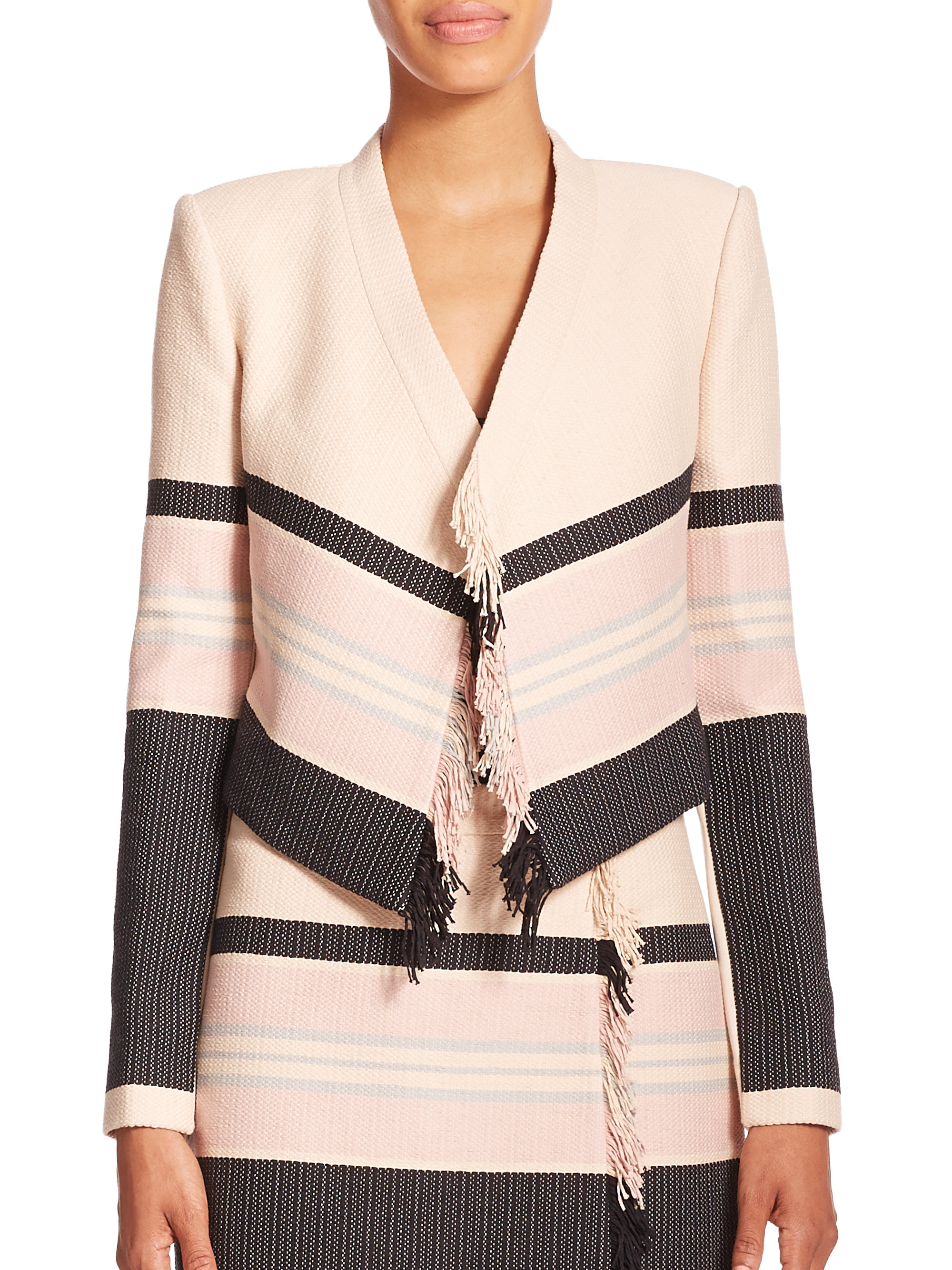 Lyst - Bcbgmaxazria Walker Striped Fringe-detail Cropped Jacket in Pink