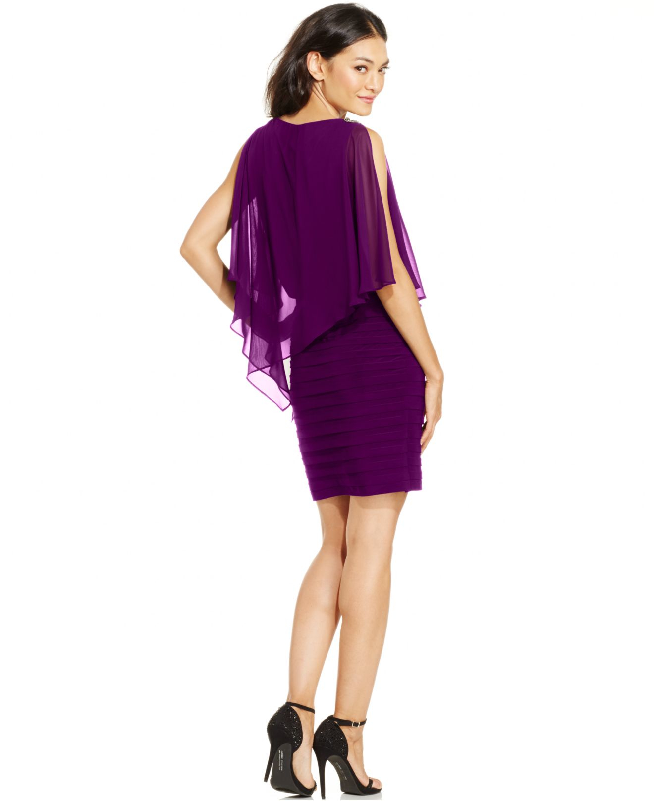 Xscape Plum Purple Chiffon Embellished Draped Sheath