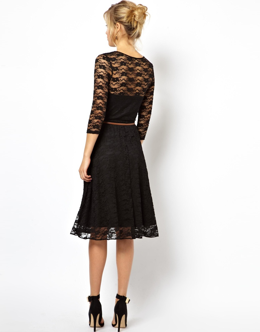 Lyst Asos Midi Skater Dress In Lace With 3 4 Sleeves And Belt In Black