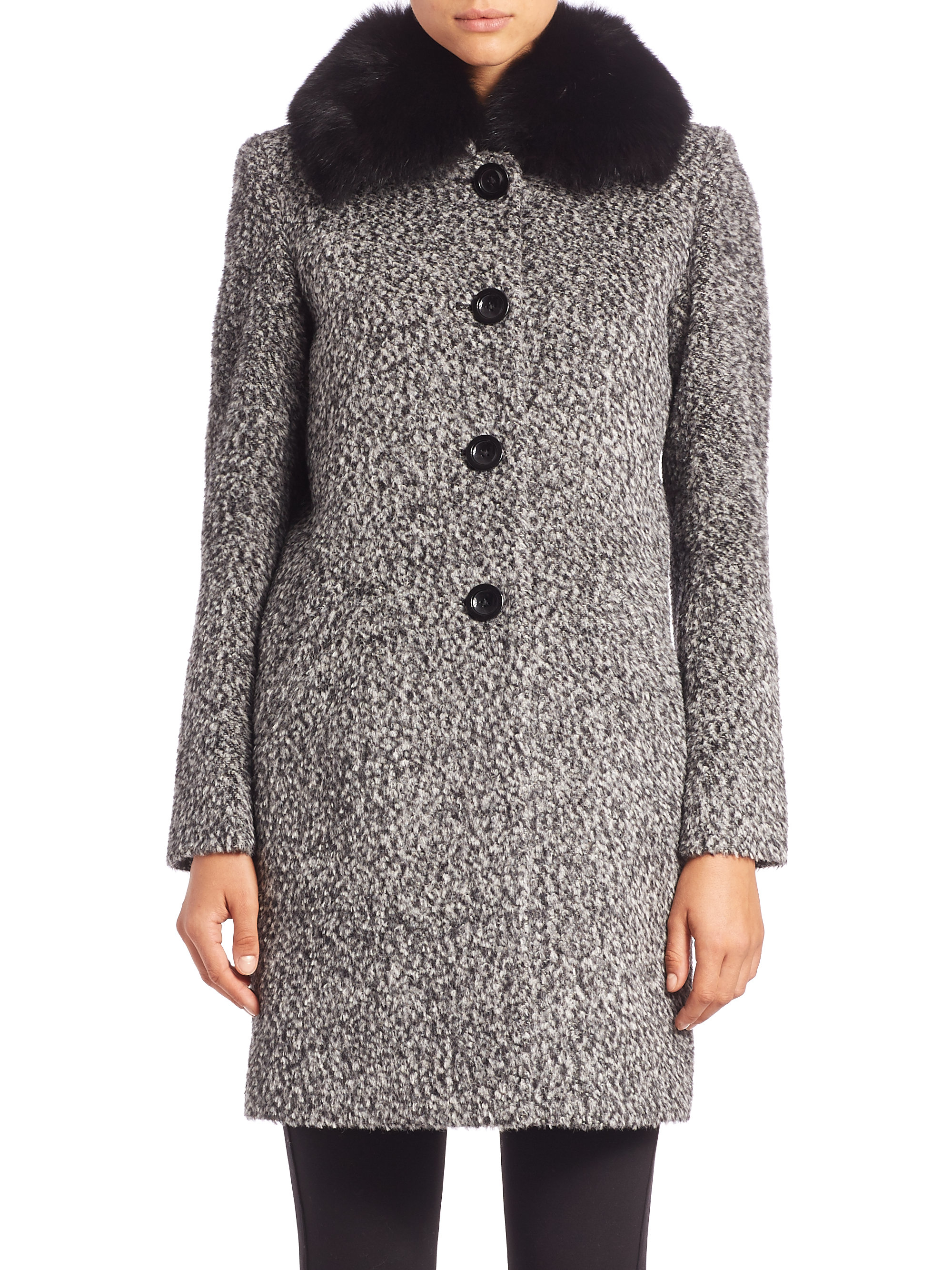 Sofia cashmere Fox Fur-trimmed Boucle Coat in Black | Lyst