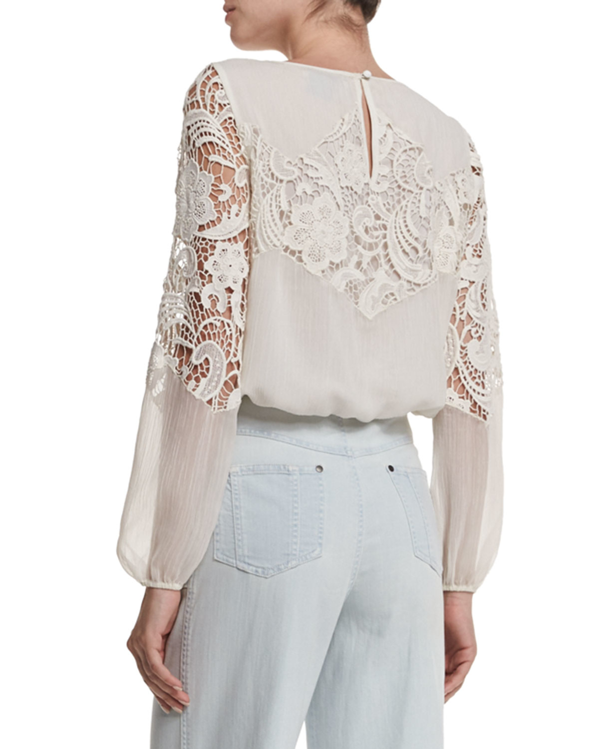 Alice + olivia Jenelle Long-sleeve Lace-trim Plisse Blouse in Natural ...