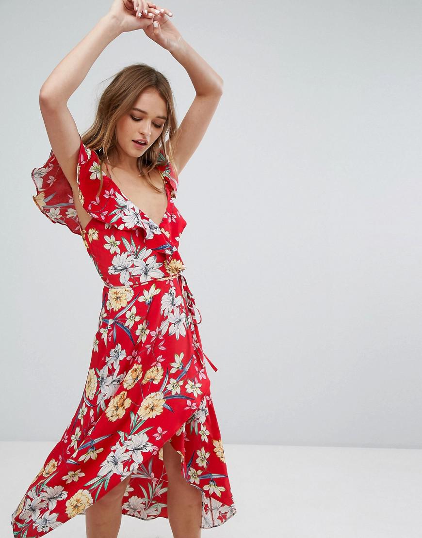 Bershka Off The Shoulder Floral Wrap Tea Dress in Red - Lyst