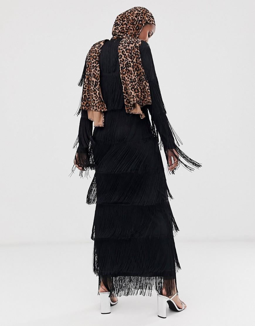 ASOS Long Sleeve Fringe Column Maxi Dress in Black - Lyst