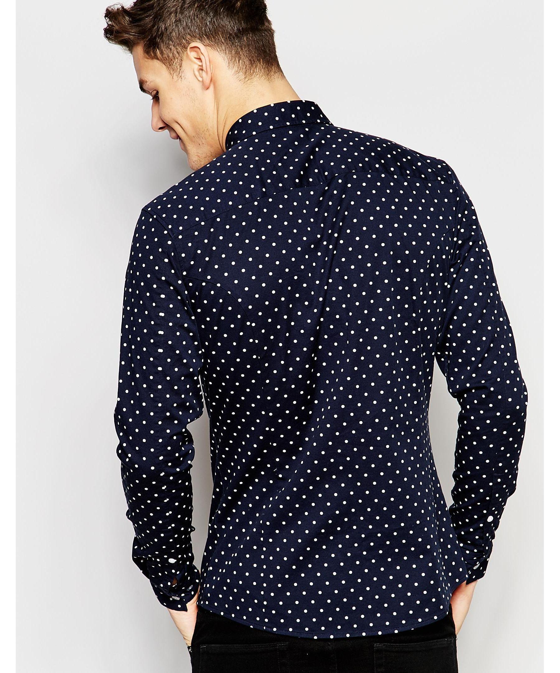 Lyst Asos Skinny Polka Dot Shirt In Navy With Long Sleeves In Blue Lyst Asos Skinny Polka Dot Shirt In Navy With Long Sleeves In Blue
