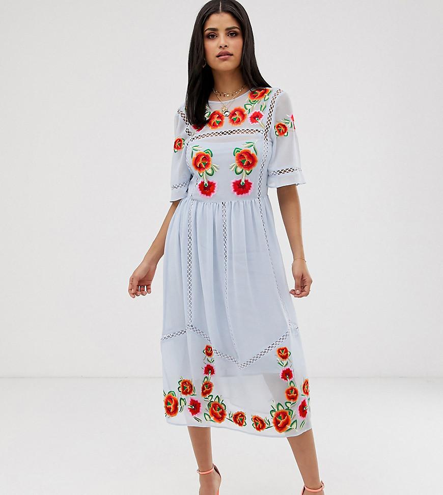 Asos Embroidered Smock Midi Dress With Ladder Trims In Blue Lyst