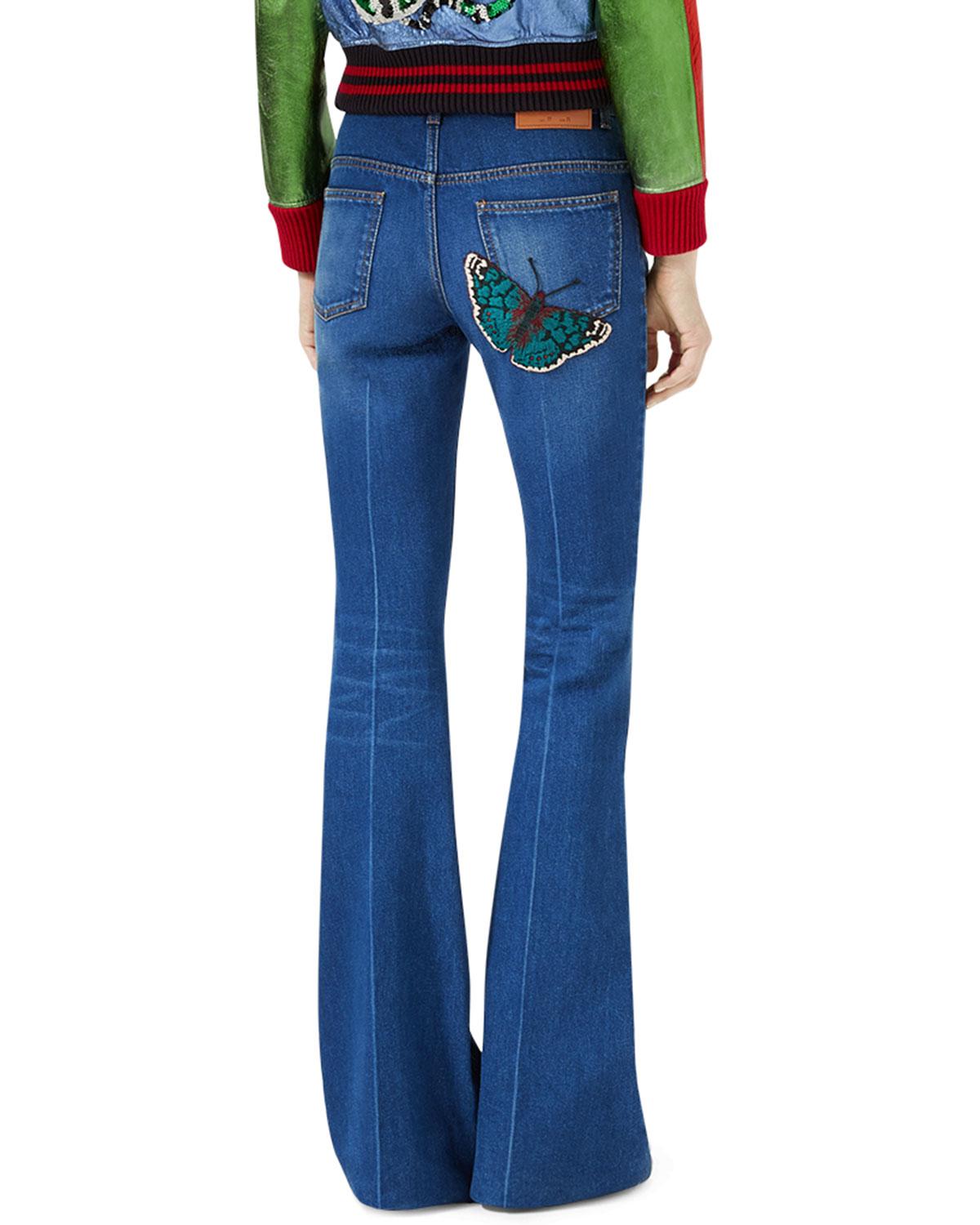 Gucci Flare-leg Jeans With Bee & Butterfly Patches in Blue - Lyst