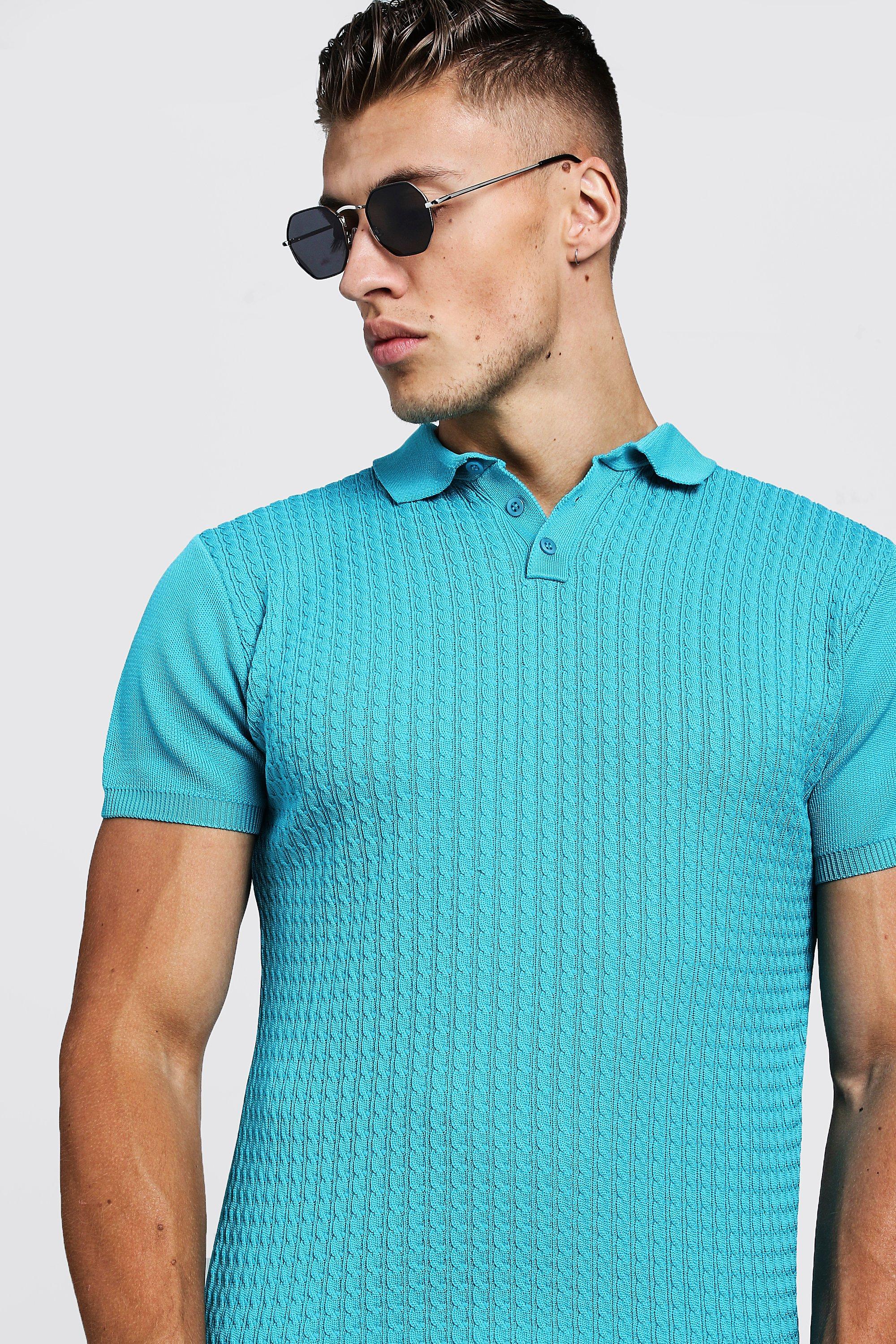 BoohooMAN Muscle Fit Cable Knit Polo in Blue for Men - Lyst