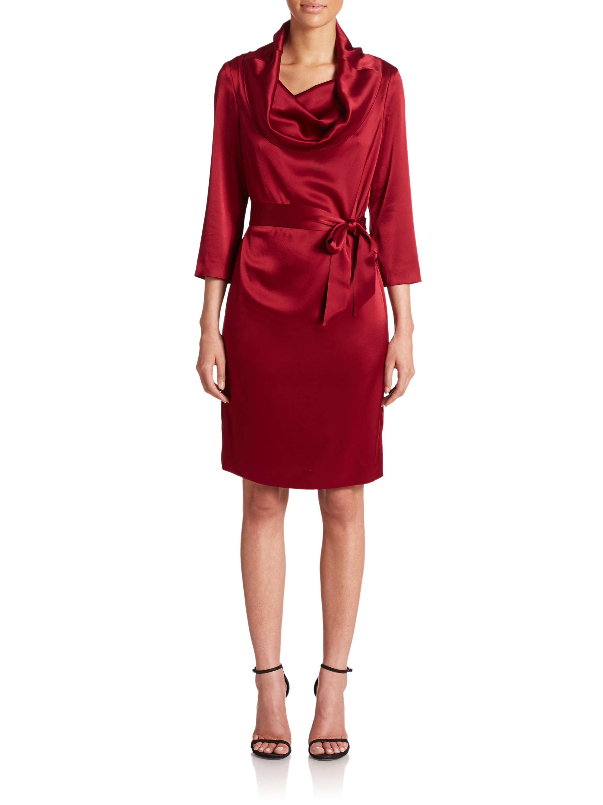 Escada Satin Belted Cowlneck Dress in Red | Lyst