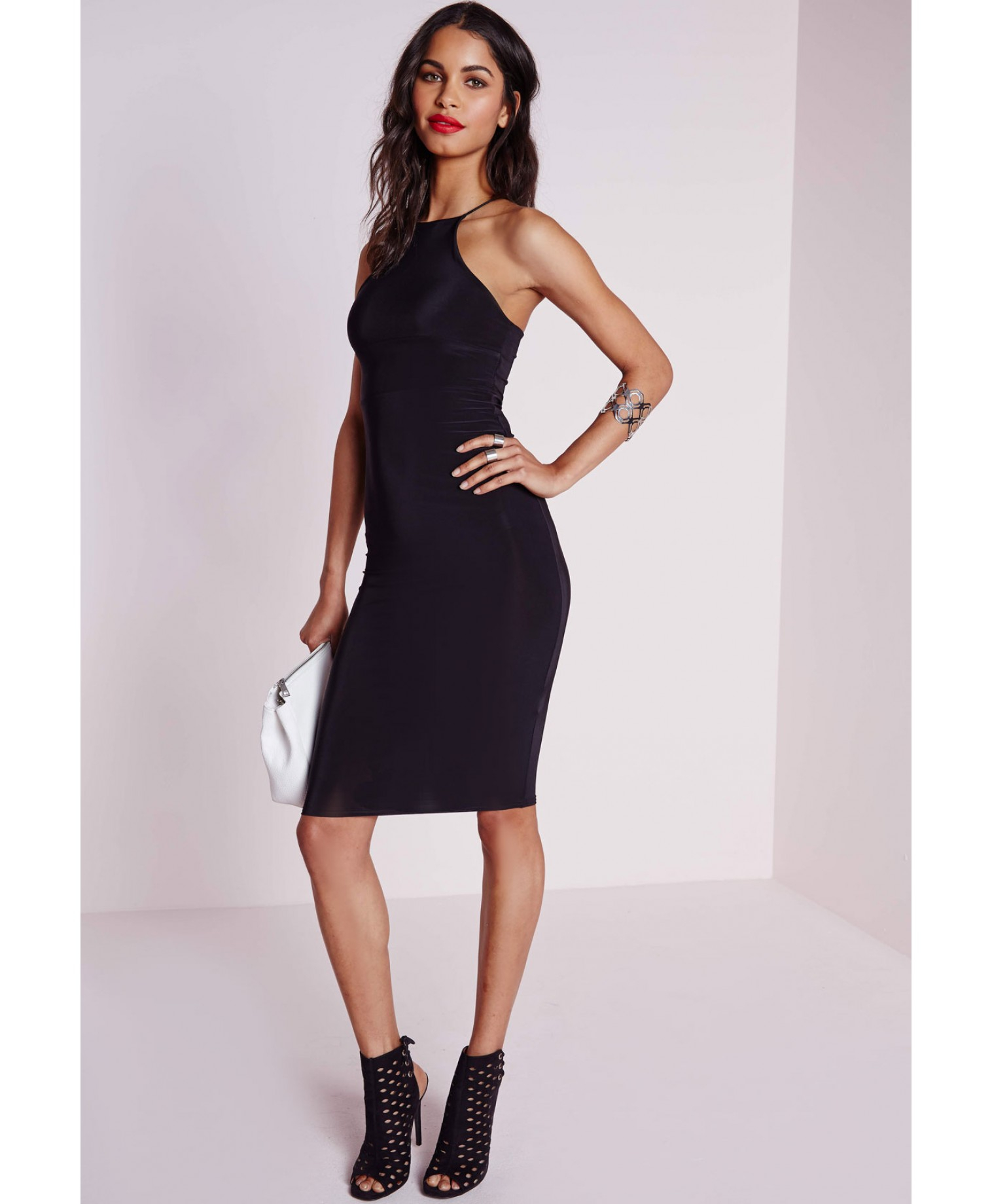 Missguided Slinky Strappy Midi Dress Black In Black Lyst