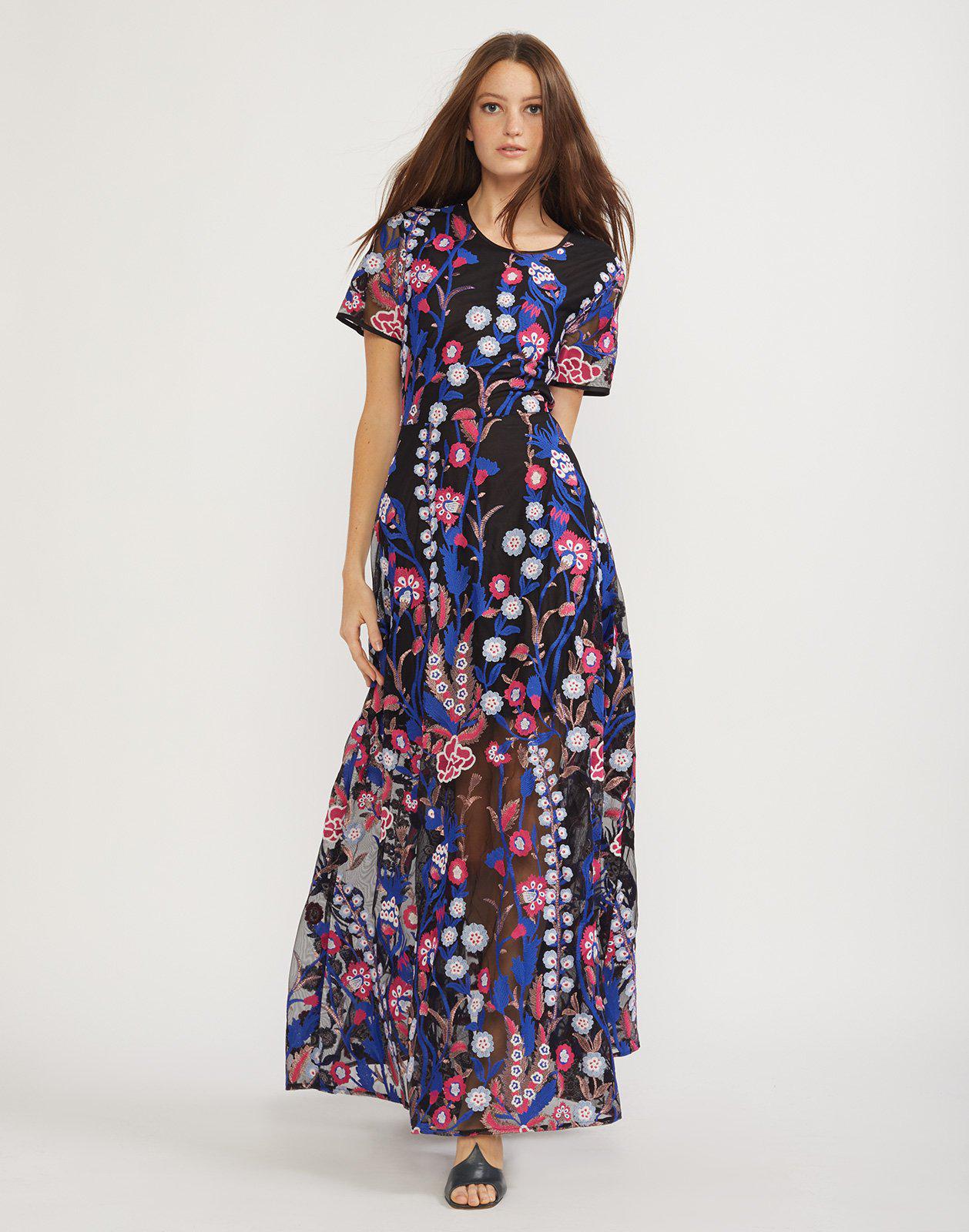 Lyst - Cynthia Rowley Blue Embroidered Mesh Maxi Dress in Blue