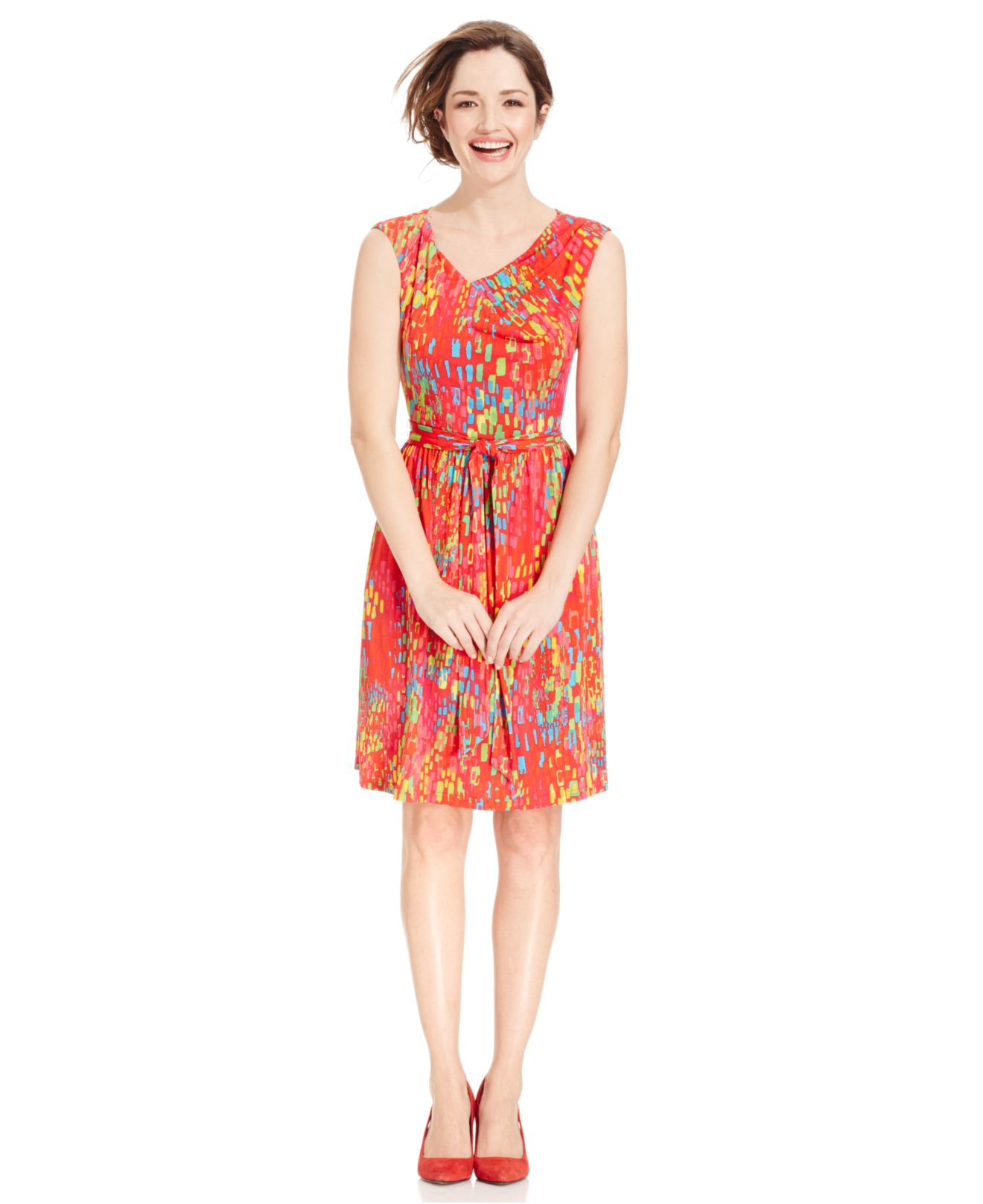 Ellen tracy Printed A-Line Dress in Red | Lyst