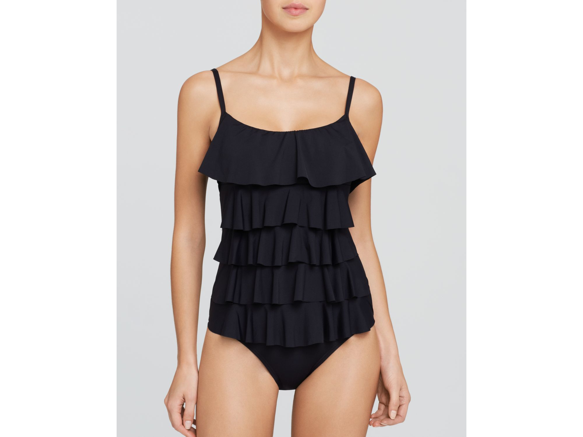 Michael Michael Kors Solid Cascading Ruffle Front One Piece Swimsuit In
