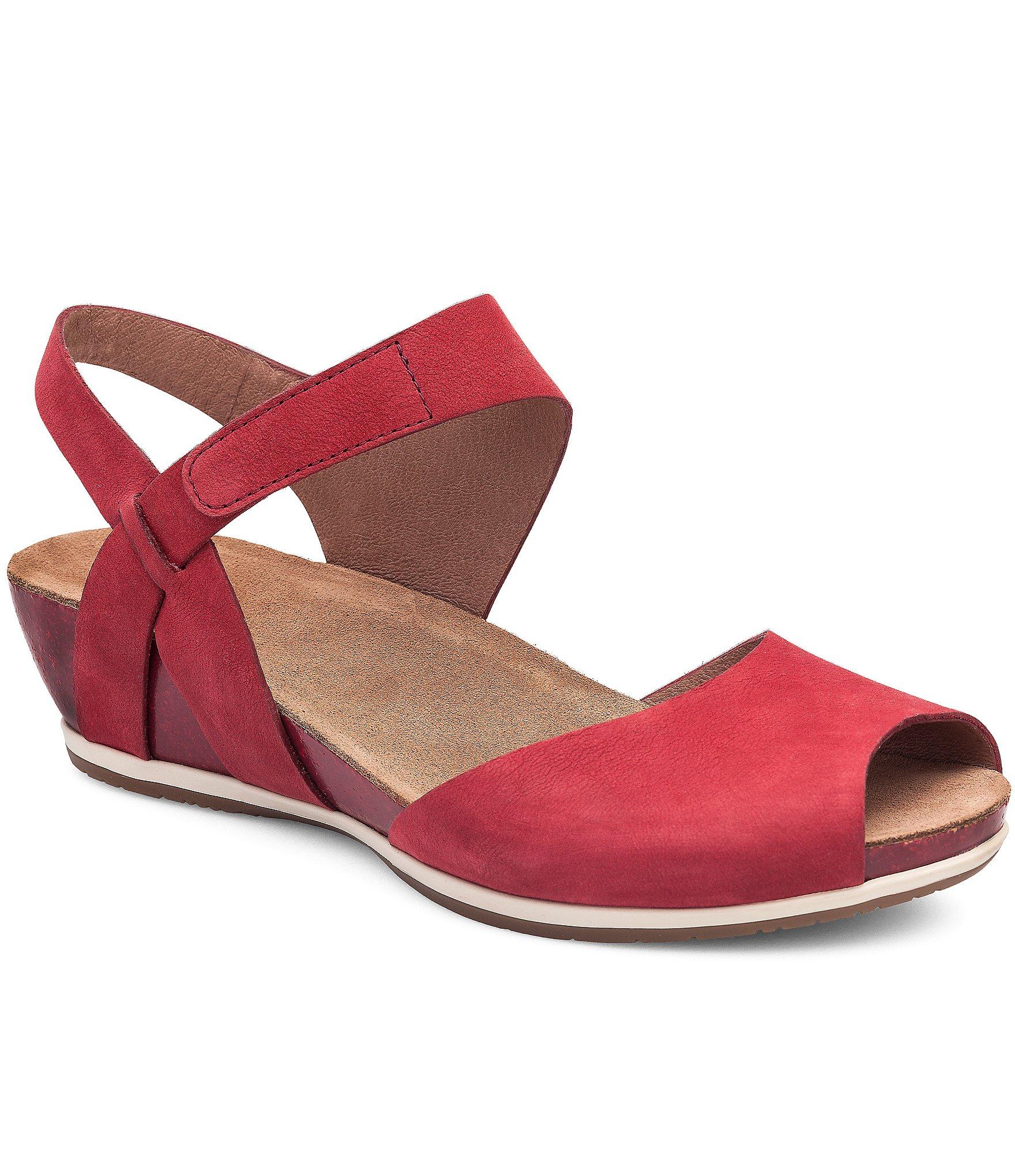 Dansko Vera Nubuck Peep Toe Ankle Strap Low Wedge Sandals in Red | Lyst