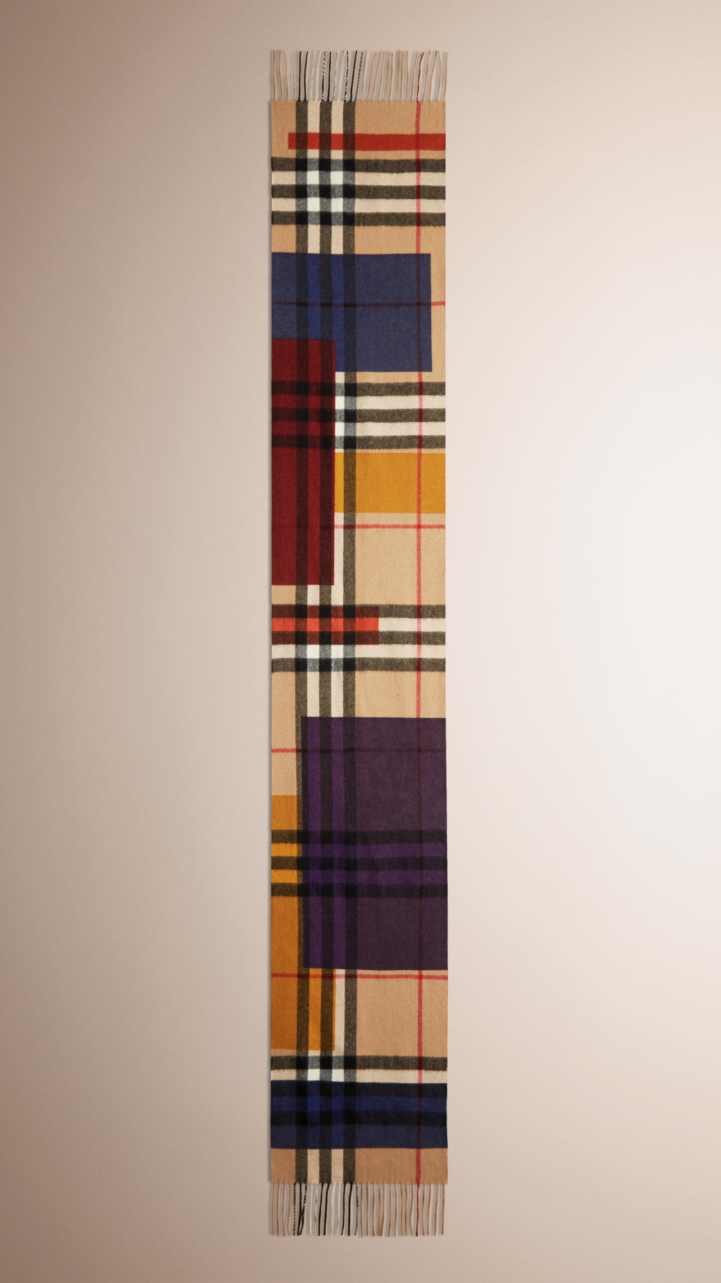 Burberry Colour Block Check Cashmere Scarf in Natural - Lyst
