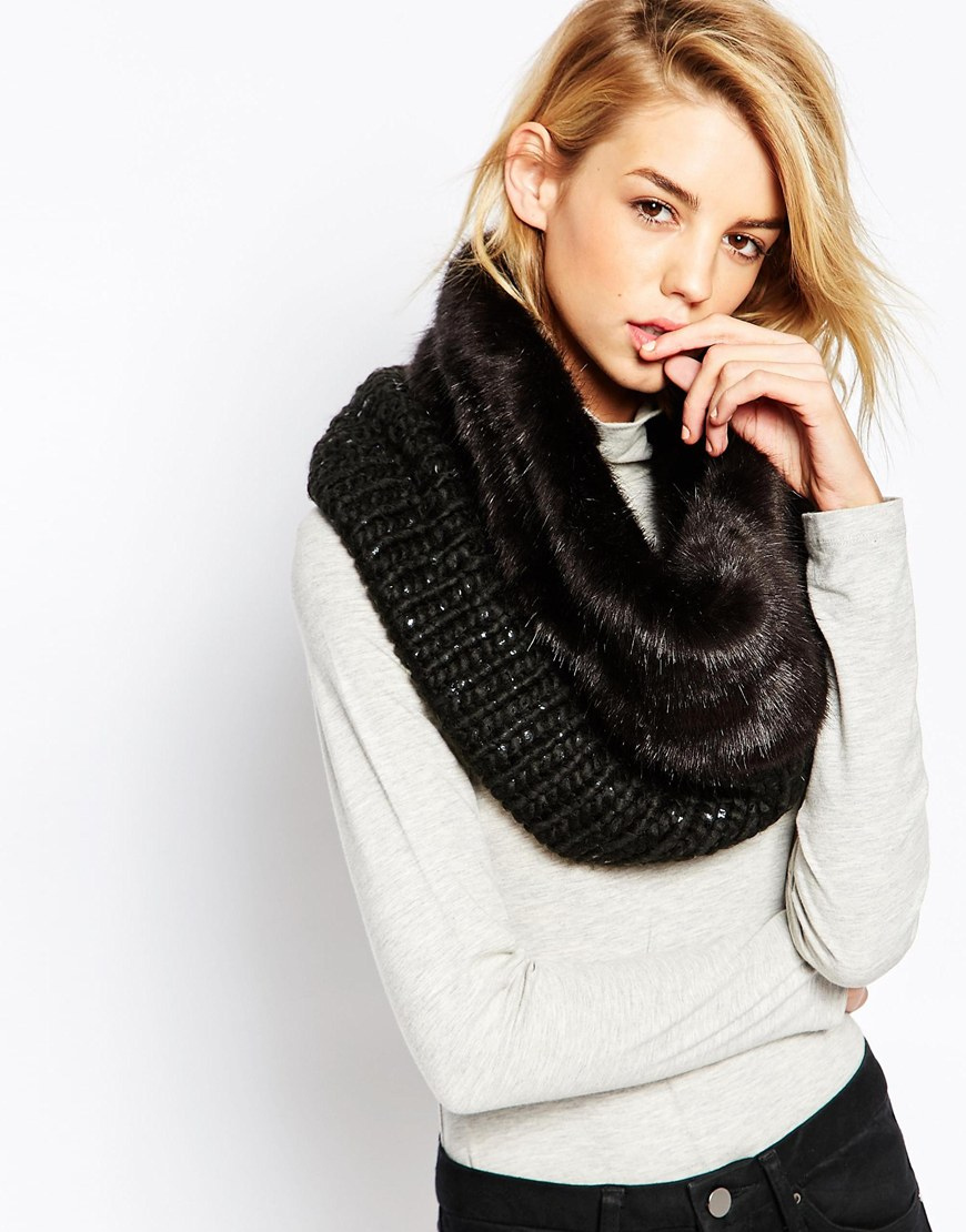 Lyst - Urbancode Metallic Knit Infinity Scarf With Faux Fur Trim in Black