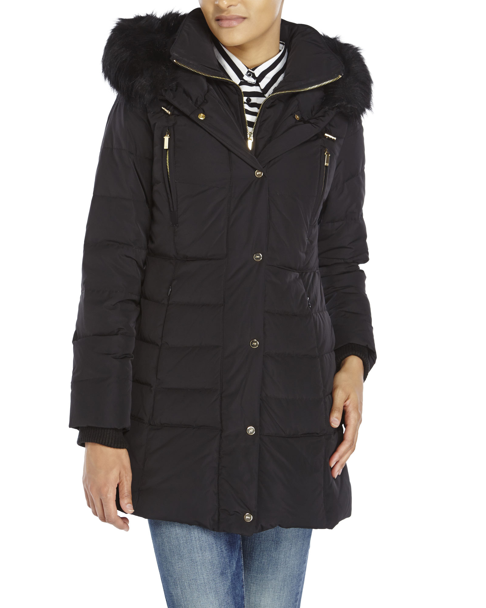 Jones new york Faux Fur Trim Down Coat in Black | Lyst