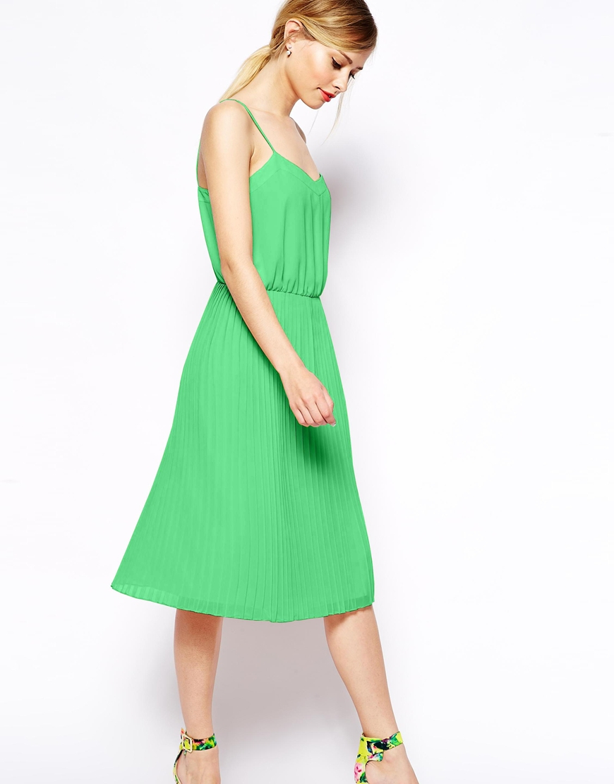 Lyst Asos Strappy Midi Skater Dress With Pleated Skirt In Green