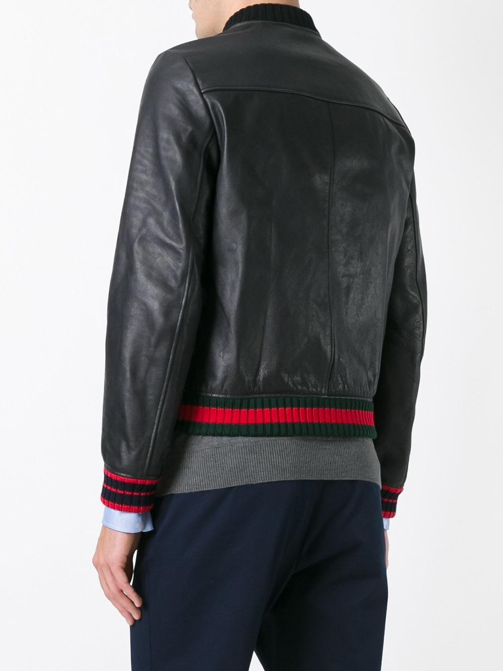 Lyst - Gucci Embroidered Leather Bomber Jacket in Black for Men
