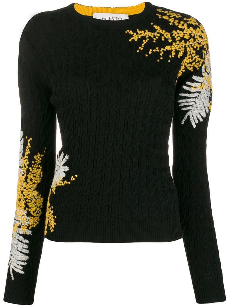 Valentino Embroidered Cable Knit Sweater in Black - Lyst