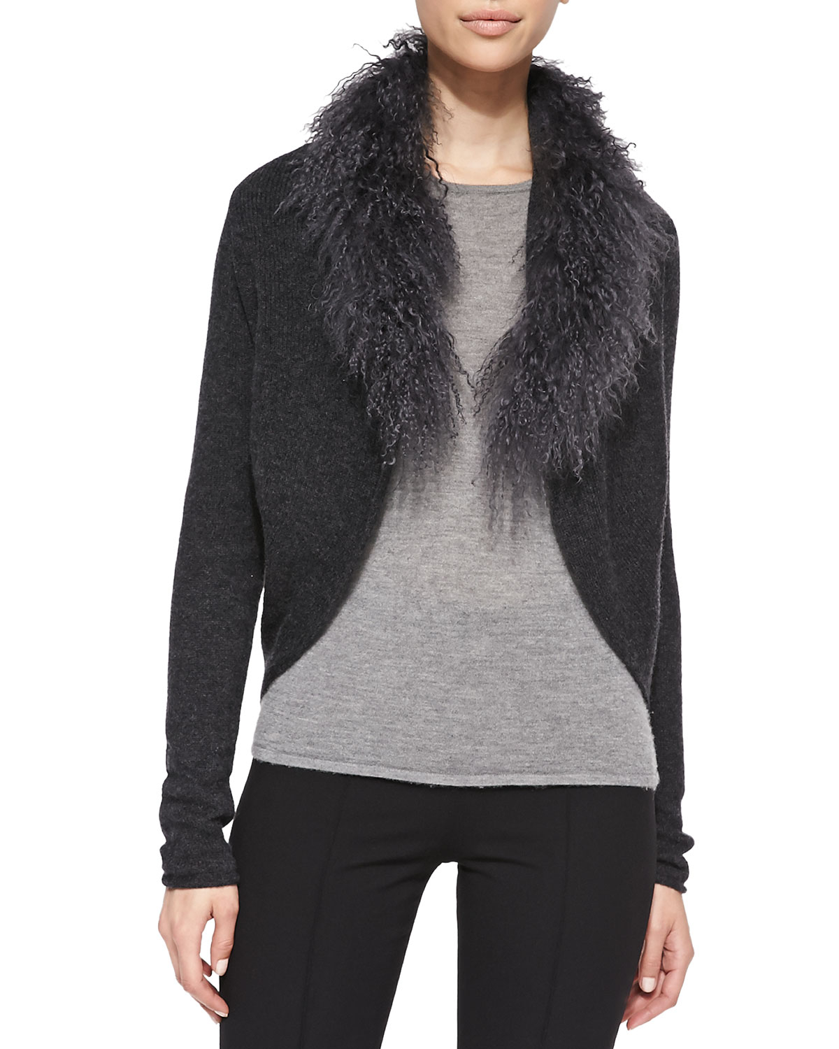 Elie tahari Stassi Lamb Fur-Collar Knit Sweater in Gray | Lyst