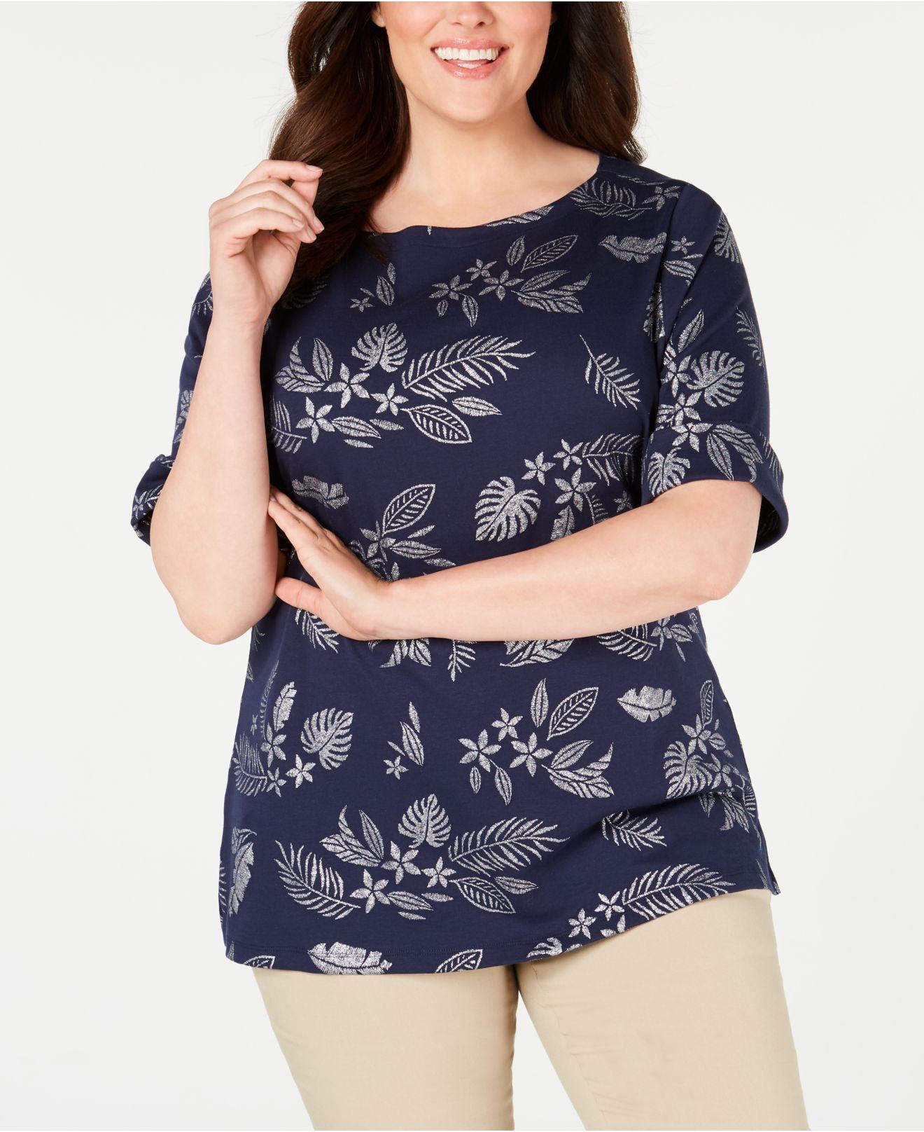 Karen Scott Plus Size Metallic-print Cuffed-sleeve Top, Created For ...